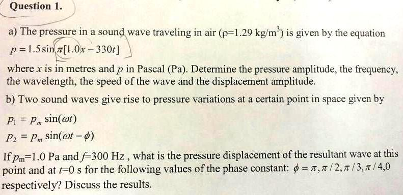 The pressure in a sound wave traveling in air (p=1.29 | Chegg.com