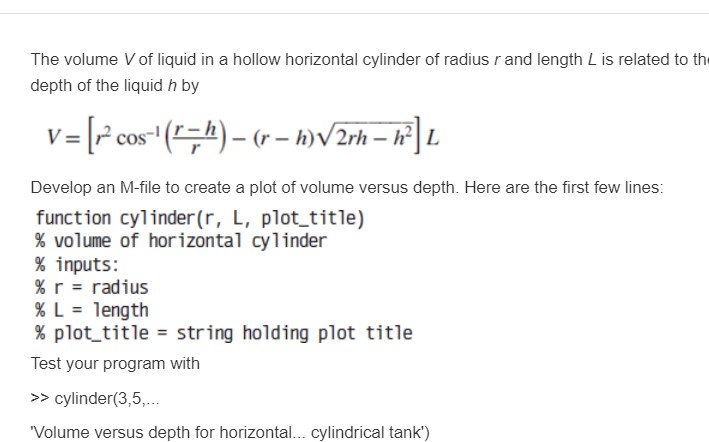 Solved The volume V of liquid in a hollow horizontal | Chegg.com