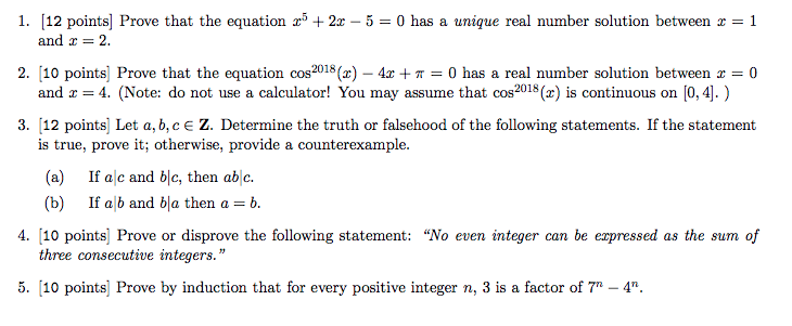 Solved 1. [12 points] Prove that the equation 5 + 2x-5 = 0 | Chegg.com