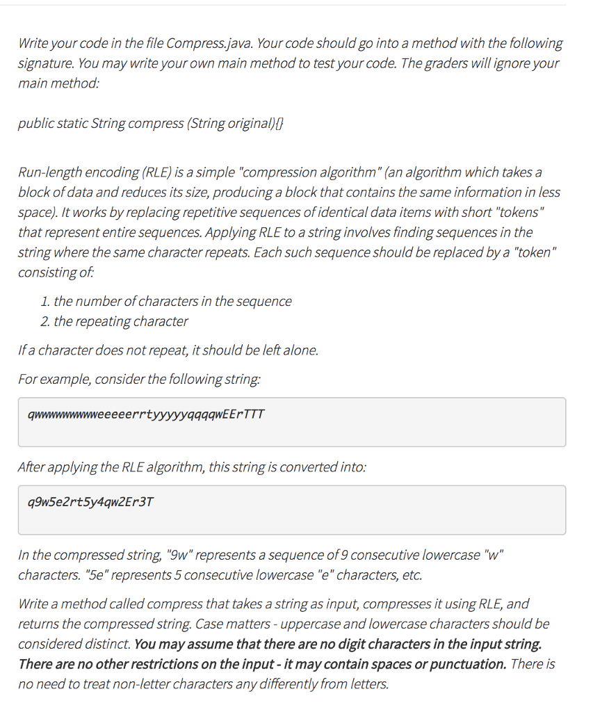 Solved Write your code in the file Compress java. Your code | Chegg.com