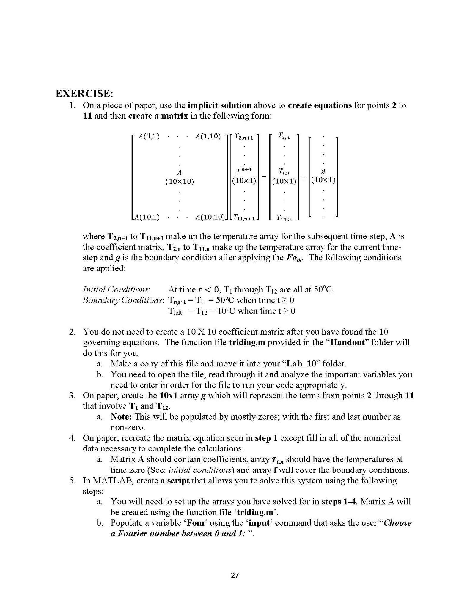Pre-Lab #10 1-D Heat Conduction Finite Difference | Chegg.com