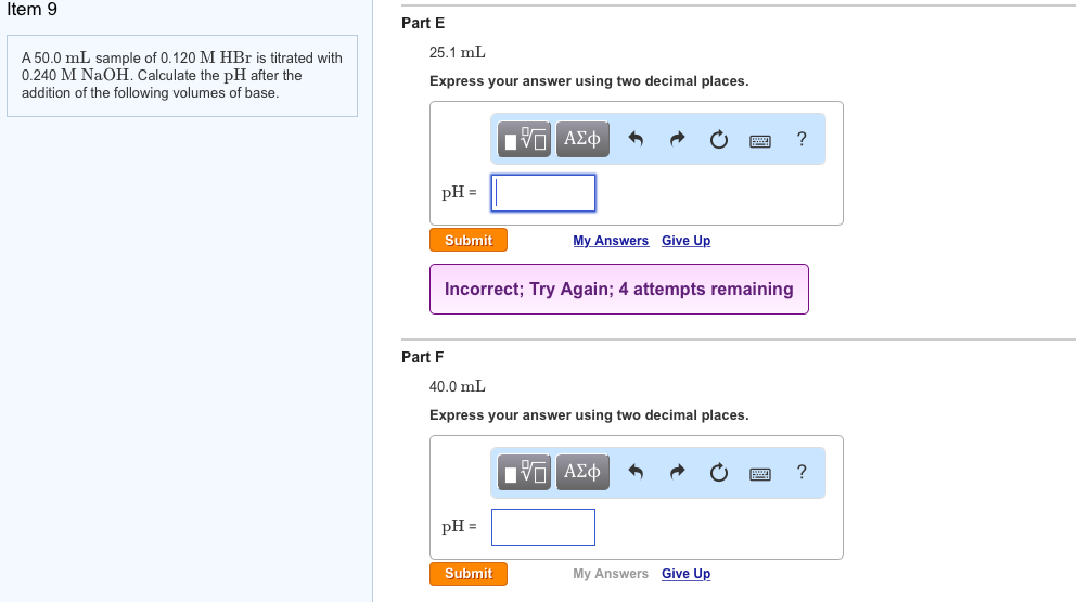 Solved Item 9 Part E 25.1 mL A 50.0 mL sample of 0.120 M HBr | Chegg.com
