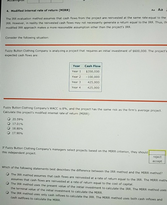 Solved Aa Aa 4 Modified Internal Rate Of Return Mirr The