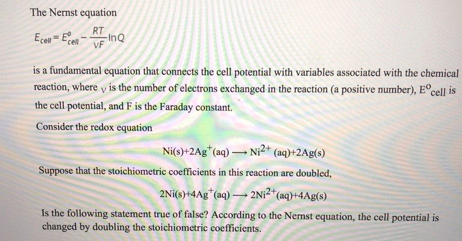 Solved The Nernst equation Ecell cell vF InQ is a | Chegg.com