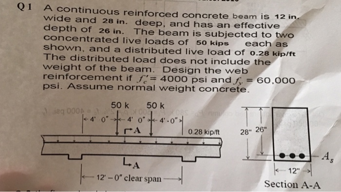 Solved A continuous reinforced concrete beam is 12 in. wide | Chegg.com
