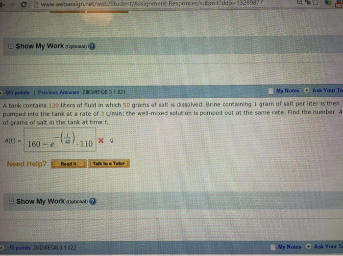 Solved A tank contains 120 liters of fluid in which 50 grams | Chegg.com