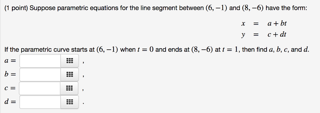 Solved (1 point) Suppose parametric equations for the line | Chegg.com Solved (1 point) Suppose parametric equations for the line | Chegg.com
