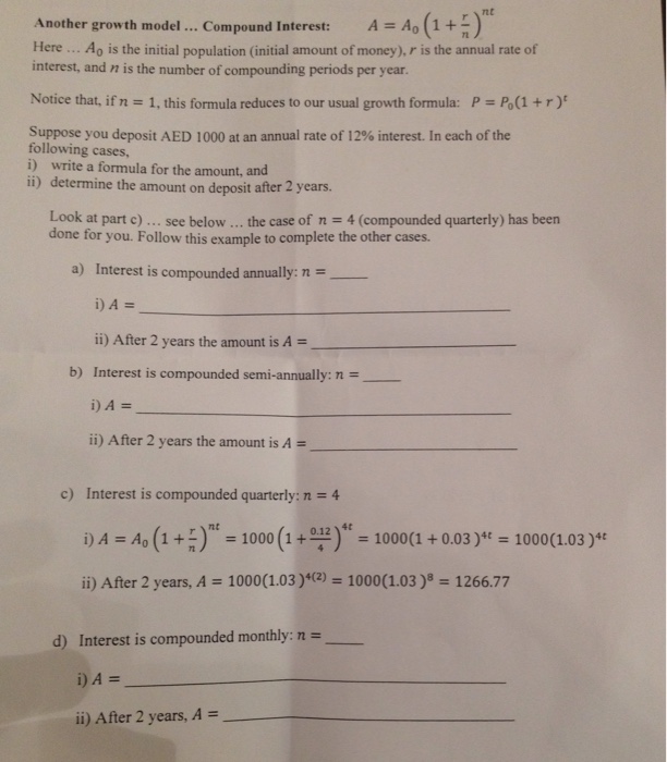Solved another growth model ... Compound Interest: A = A0(1+ | Chegg.com