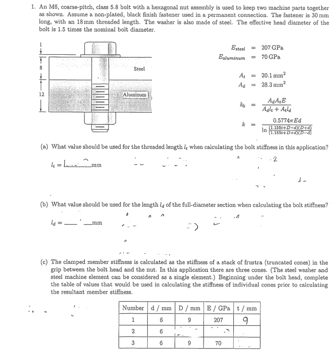 Solved 1. An M6, coarse-pitch, class 5.8 bolt with a | Chegg.com