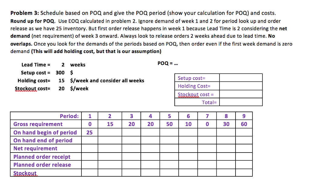 Problem 3: Schedule based on POQ and give the POQ | Chegg.com