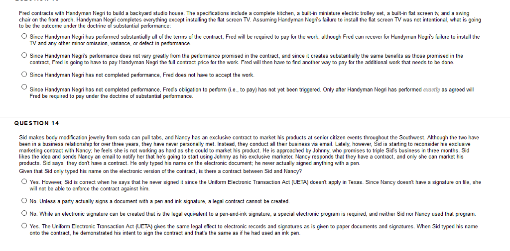 Solved Fred contracts with Handyman Negri to build a | Chegg.com