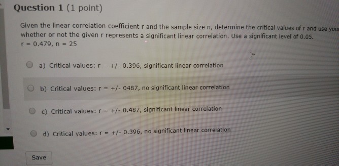 Solved Question 1 (1 point) Given the linear correlation | Chegg.com