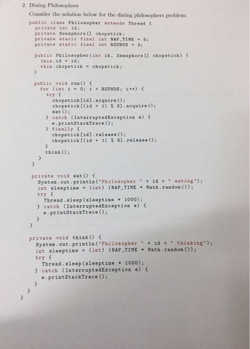 Solved 2. Dining Philosophers Consider the solution below | Chegg.com