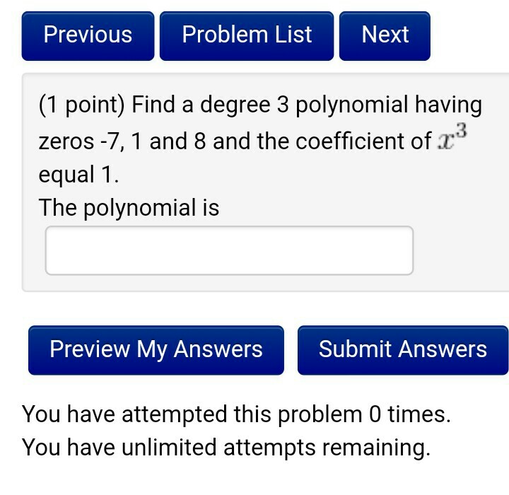 Solved Previous Problem List Next (1 point) Find a degree 3 | Chegg.com