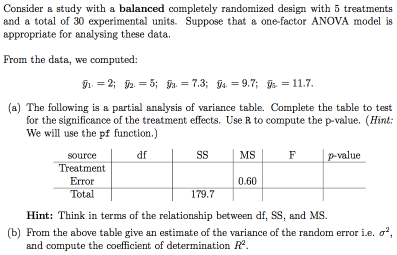 Solved Consider a study with a balanced completely | Chegg.com