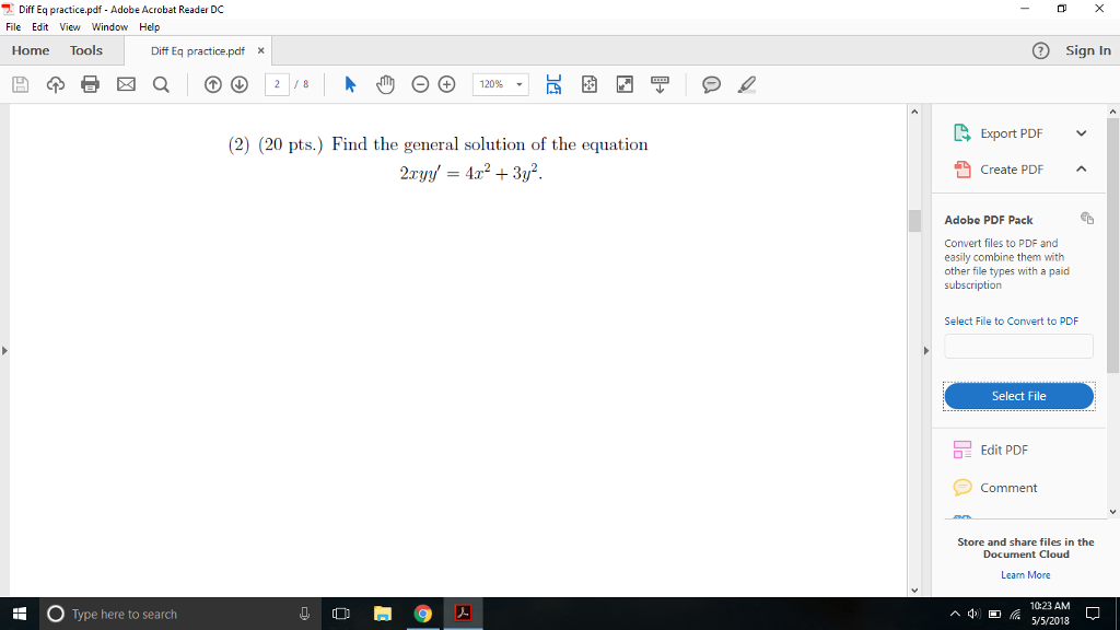 Solved Diff Eq practice.pdf - Adobe Acrobat Reader DC File | Chegg.com