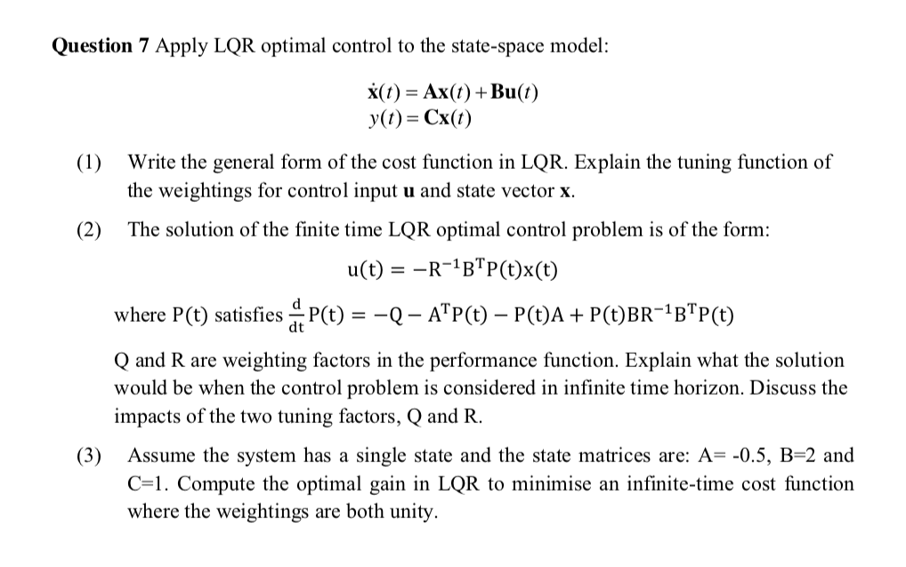 Question 7 Apply LQR optimal control to the | Chegg.com