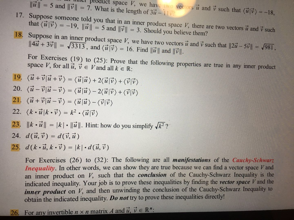 Solved limel poduct space V, we have two vee ors ù and v | Chegg.com