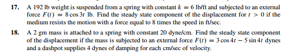 Solved 17. A 192 Ib weight is suspended from a spring with | Chegg.com