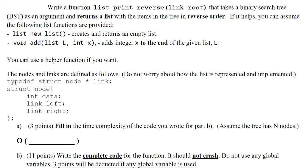 Solved Write A Function List Print Reverse Link Root That