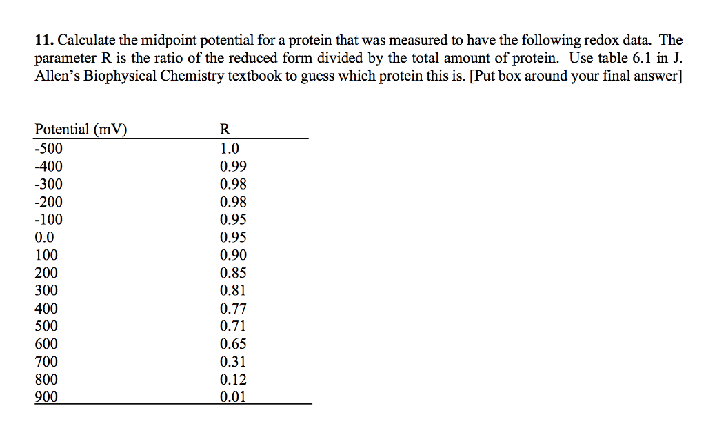 Solved 11. Calculate the midpoint potential for a protein | Chegg.com