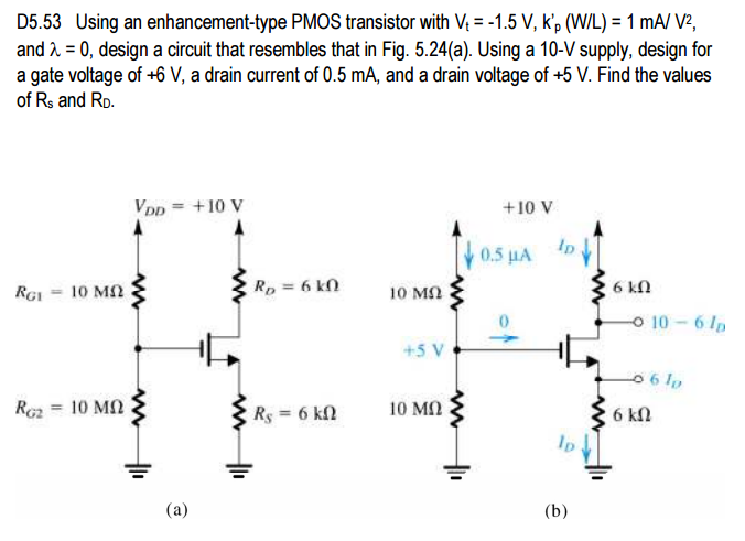 Solved Using an enhancement-type PMOS transistor with V_t = | Chegg.com