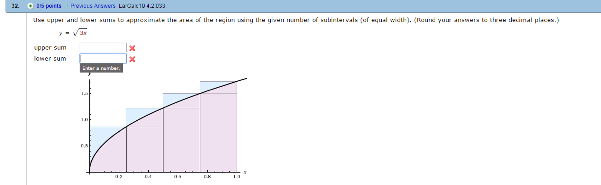 Solved Use upper and lower sums to approximate the area of | Chegg.com
