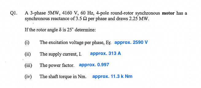 Solved Q. A 3-phase 5MW, 4160 V, 60 Hz, 4-pole round-rotor | Chegg.com