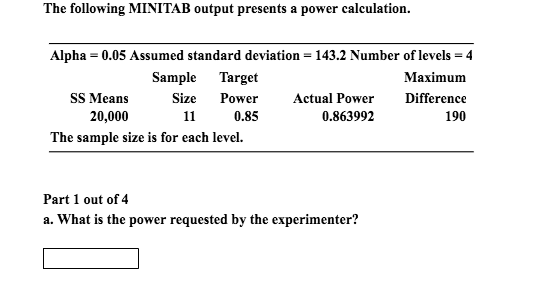 Solved The following MINITAB output presents a power | Chegg.com