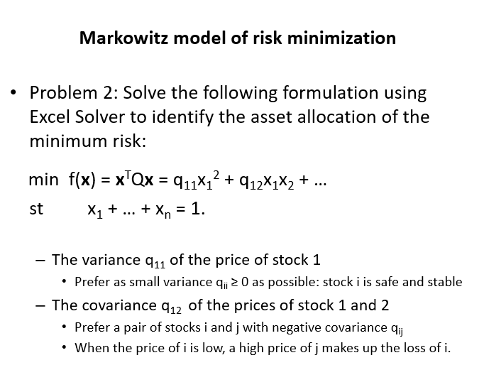 Markowitz model of risk minimization . Problem 2: | Chegg.com