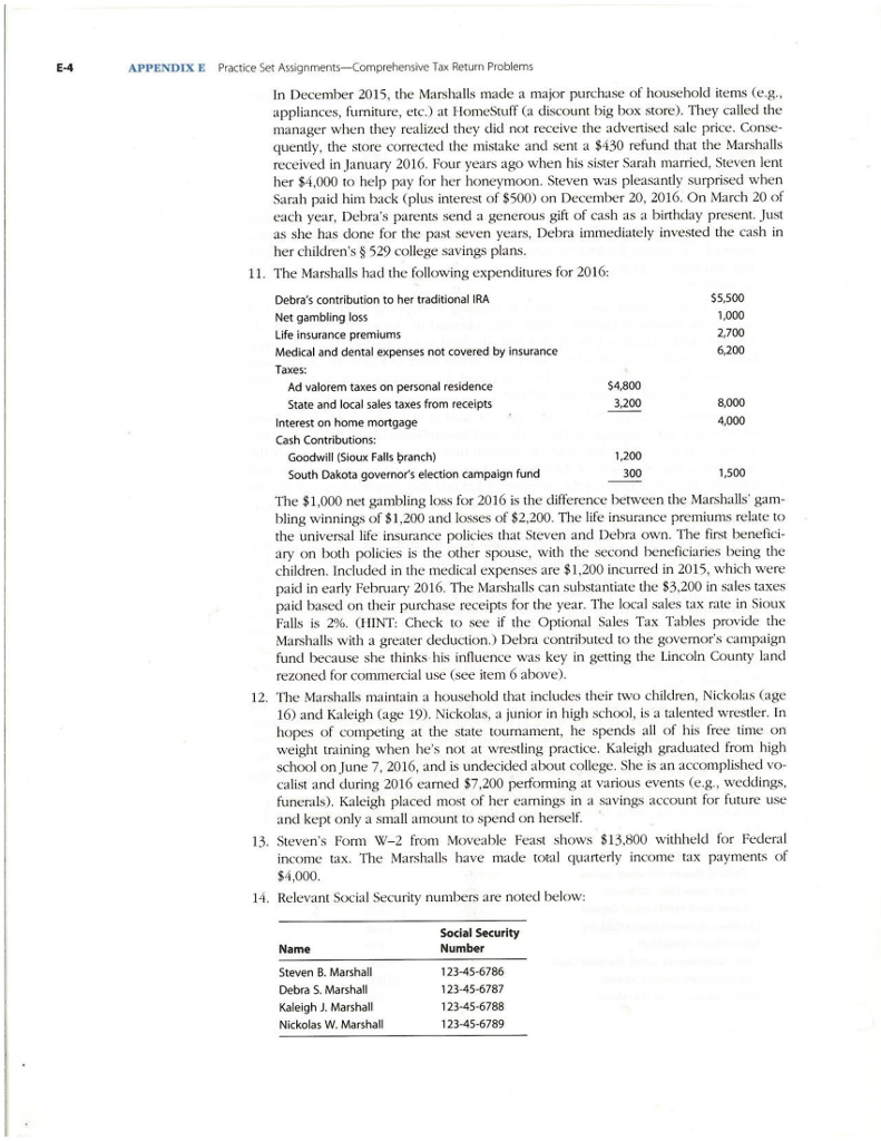 Appendix E Practice Set Assignments Comprehensive Tax | Chegg.com