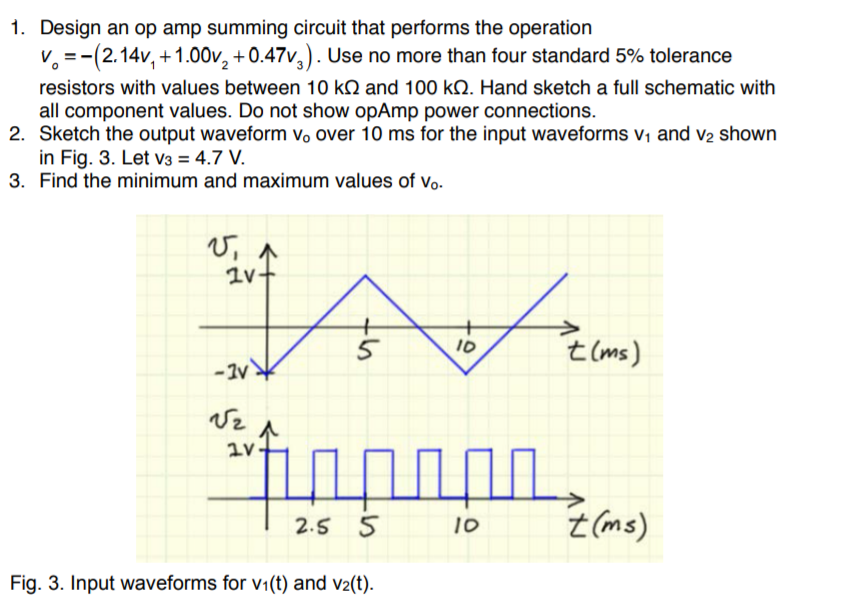 Solved 1. Design an op amp summing circuit that performs the | Chegg.com