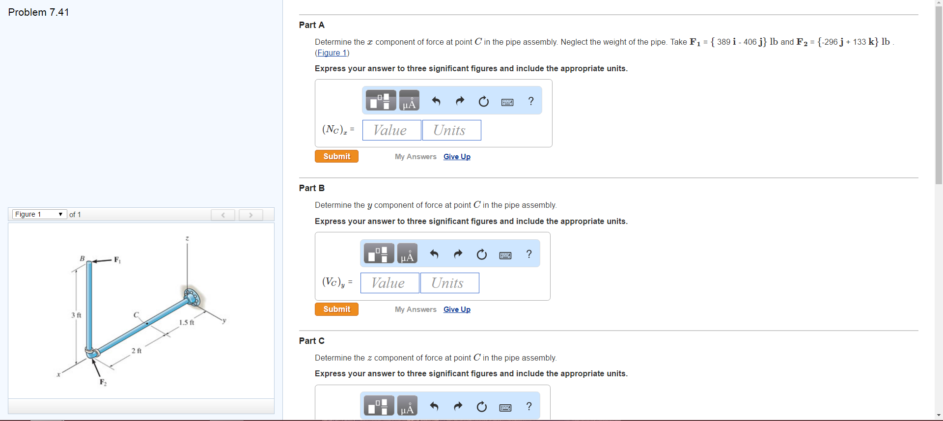 Solved A) Determine the x component of force at point C in | Chegg.com