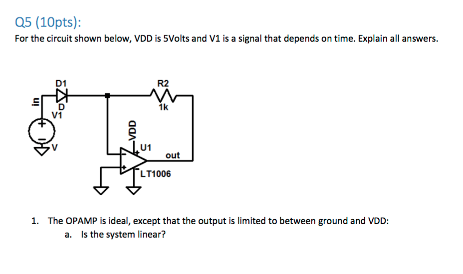 Solved For the circuit shown below, VDD is 5Volts and V1 is | Chegg.com