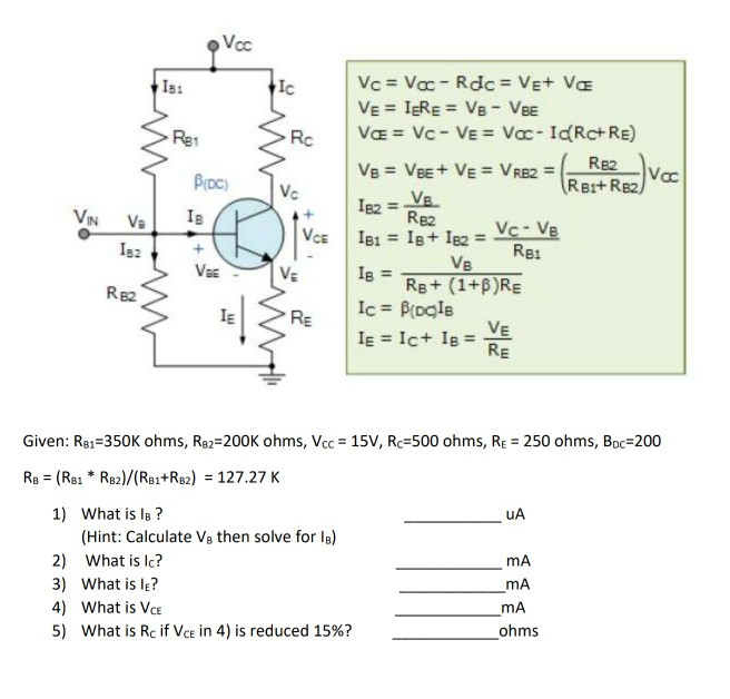 Solved B1 Ic BE VE P(DC) Vc RB1+R RB2 82 RB1 VB VBE le = | Chegg.com