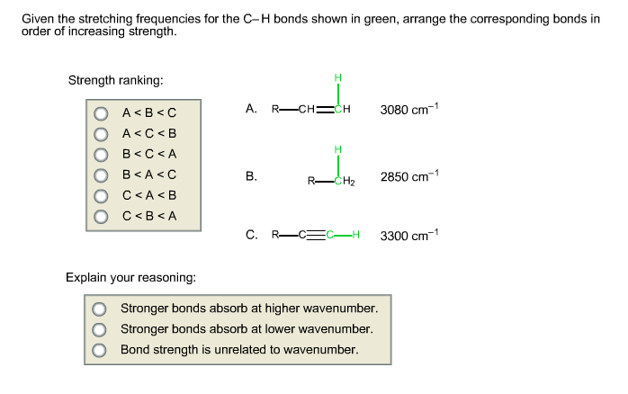 Solved Given the stretching frequencies for the C-H bonds | Chegg.com
