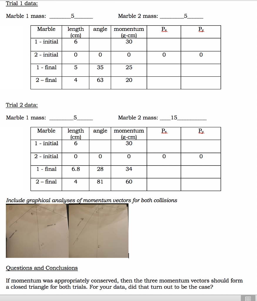 Trial 1 data: Marble 1 mass Marble 2 mass | Chegg.com
