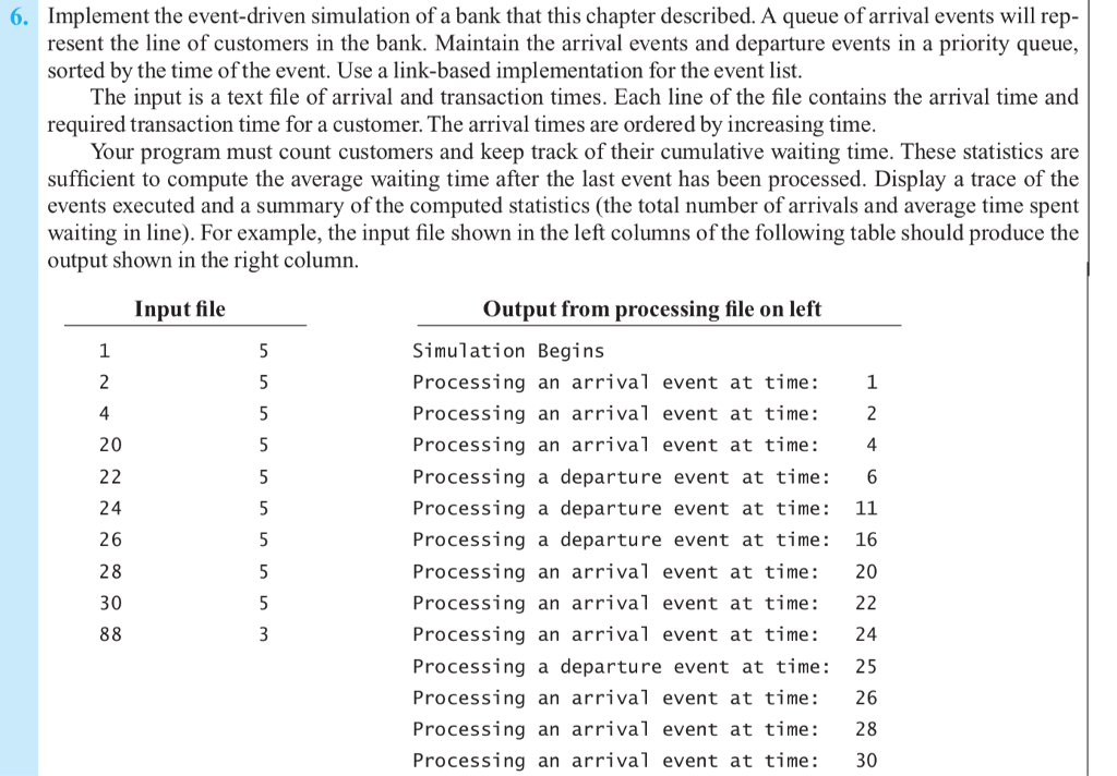 Implement the event-driven simulation of a bank that | Chegg.com