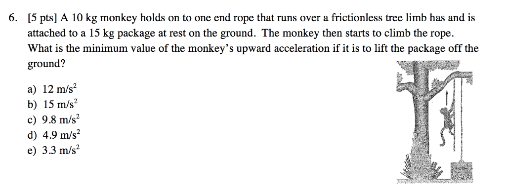 Solved 6. [5 pts] A 10 kg monkey holds on to one end rope | Chegg.com