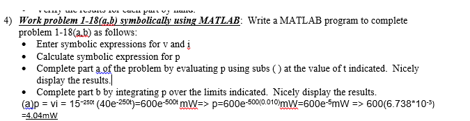 Solved 4) Work problem 1-18(a,b) symbolically using MATLAB: | Chegg.com