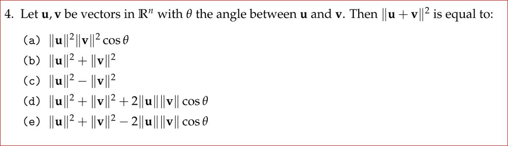 Solved Let u, v be vectors in R^n with theta the angle | Chegg.com Solved Let u, v be vectors in R^n with theta the angle | Chegg.com