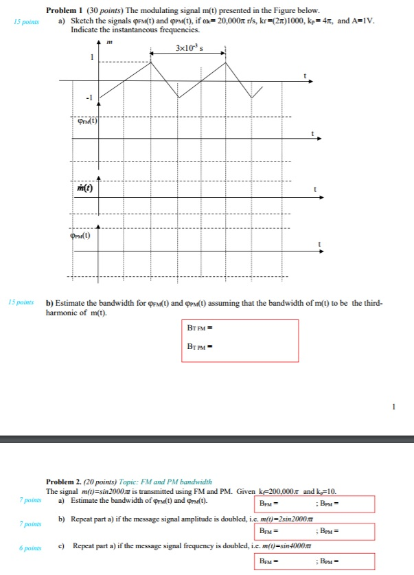 Solved Problem a) (30 points) The modulating signal m(t) | Chegg.com