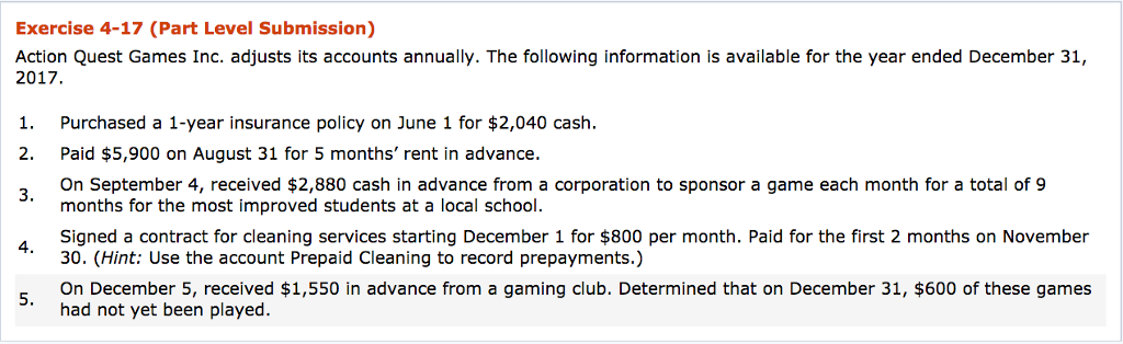 Solved Exercise 4-17 (Part Level Submission) Action Quest | Chegg.com