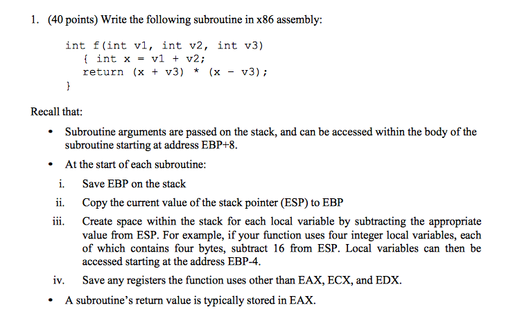 Solved Write The Following Subroutine In X86 Assembly Int