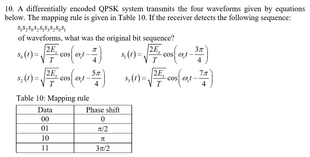 Solved 10. A differentially encoded QPSK system transmits | Chegg.com