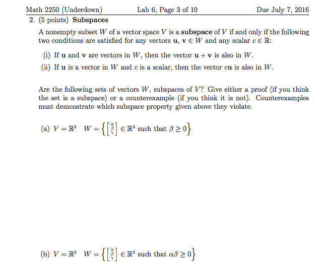Solved A nonempty subset W of a vector space V is a subspace | Chegg.com