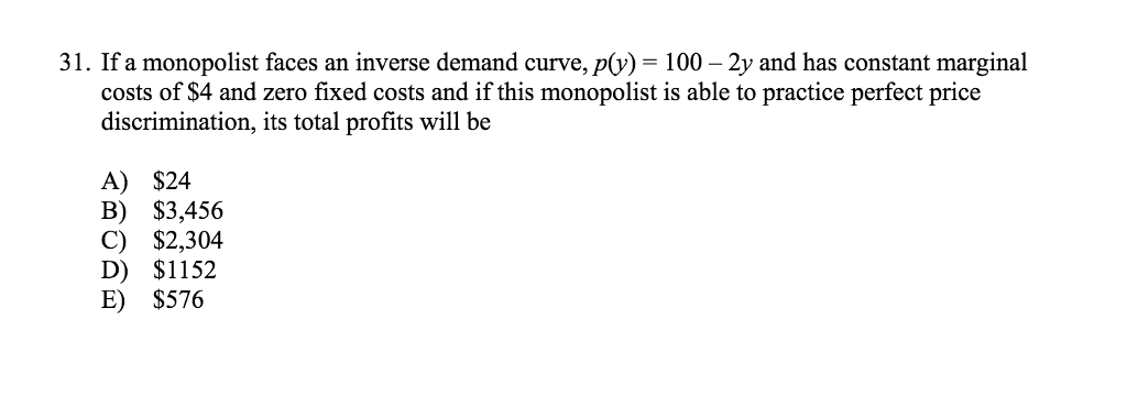 Solved If a monopolist faces an inverse demand curve, p(y) = | Chegg.com