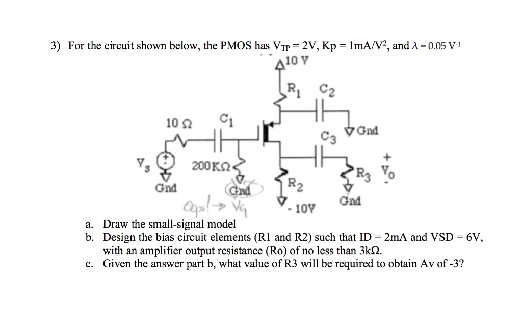 Solved 3) For the circuit shown below, the PMOS has VTP 2V, | Chegg.com