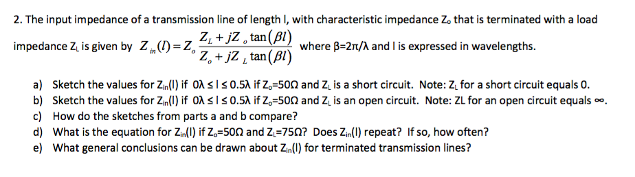 Solved The input impedance of a transmission line of length | Chegg.com