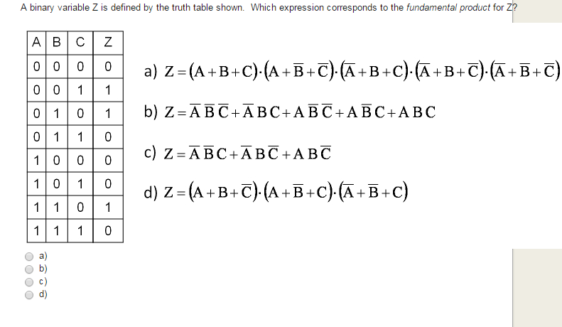 Solved A binary variable Z is defined by the truth table | Chegg.com
